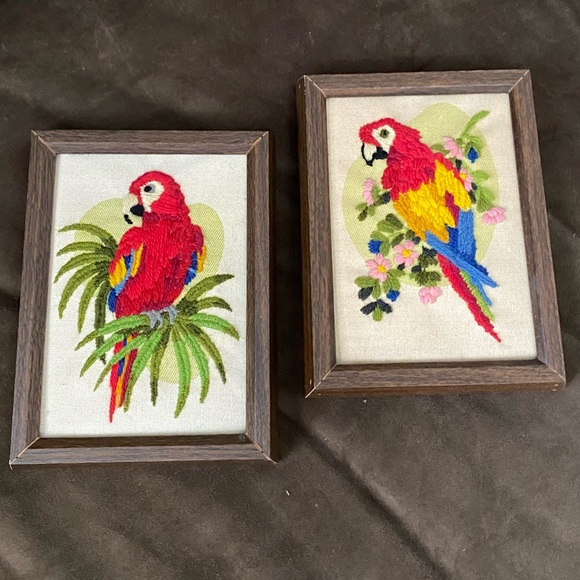 Hand Crafted | Art | Vintage Pair Of Crewel Embroidery Parrot Macaw ...